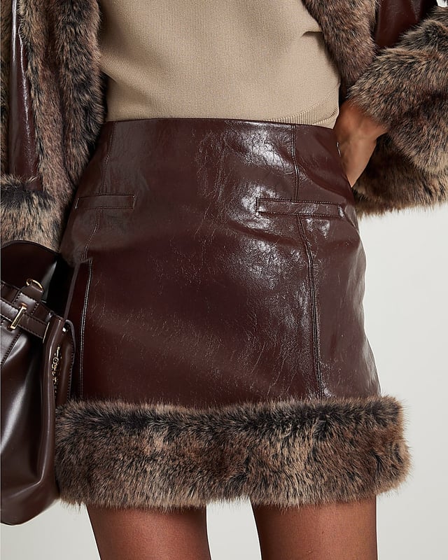 River Island Womens Mini Skirt Brown Faux Fur Trim