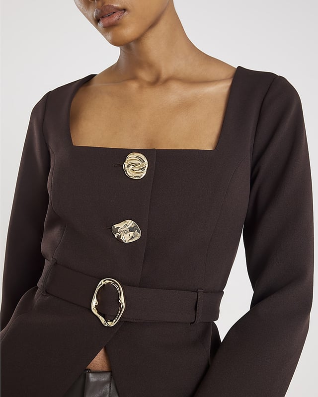 River Island Womens Blazer Brown Long Sleeve Belted Mixed Button