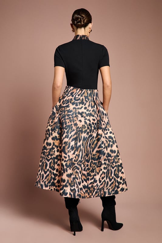 Lisa Tan Leopard Satin Midi Skirt