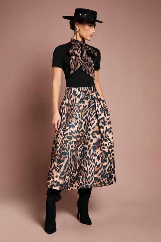 Lisa Tan Leopard Satin Midi Skirt