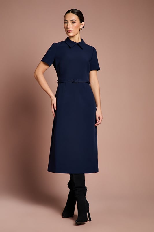 Lisa Tan Belted Full Skirt Crepe Midi Dress