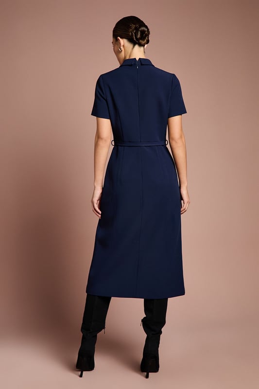 Lisa Tan Belted Full Skirt Crepe Midi Dress