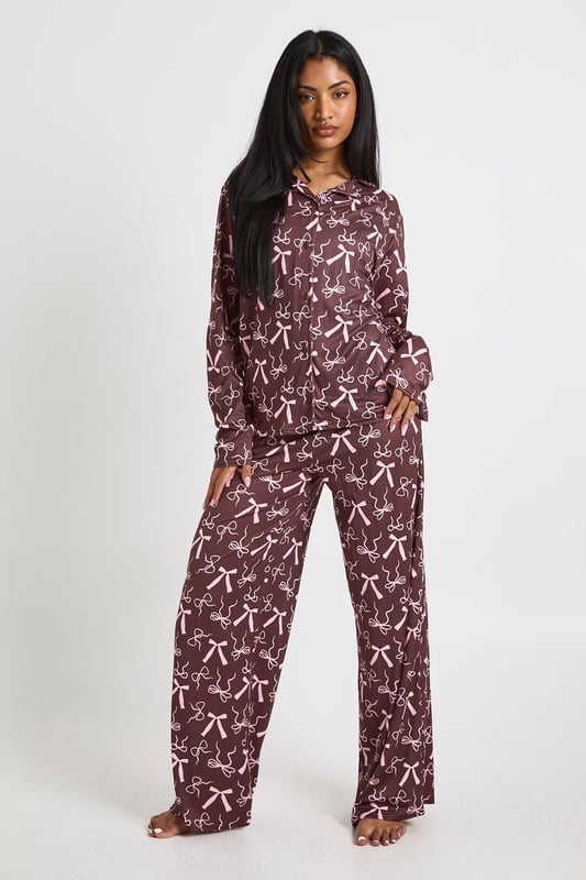 Mixed Bow Print Long Sleeve Shirt & Trousers Pyjama Set