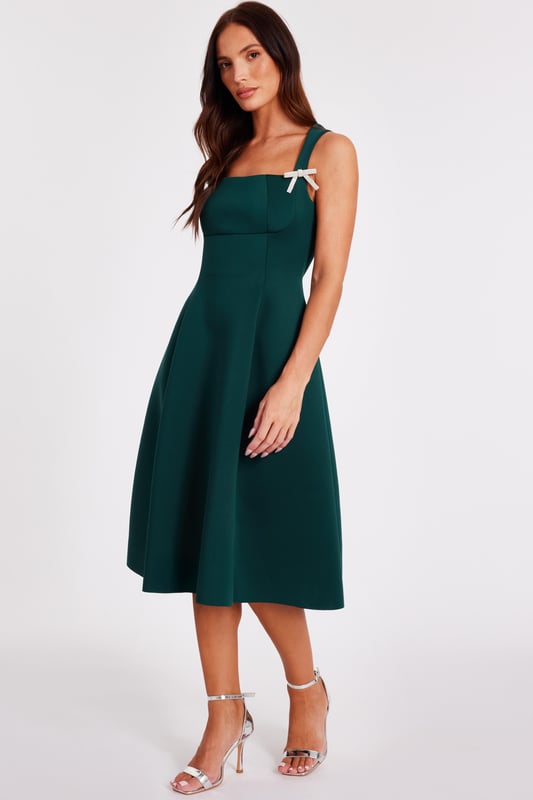 Dark Green Diamante Bow Midi Dress
