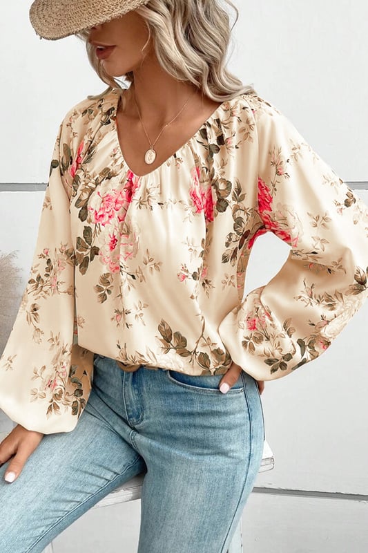 Beige Floral Print Lantern Sleeve V-neck Blouse
