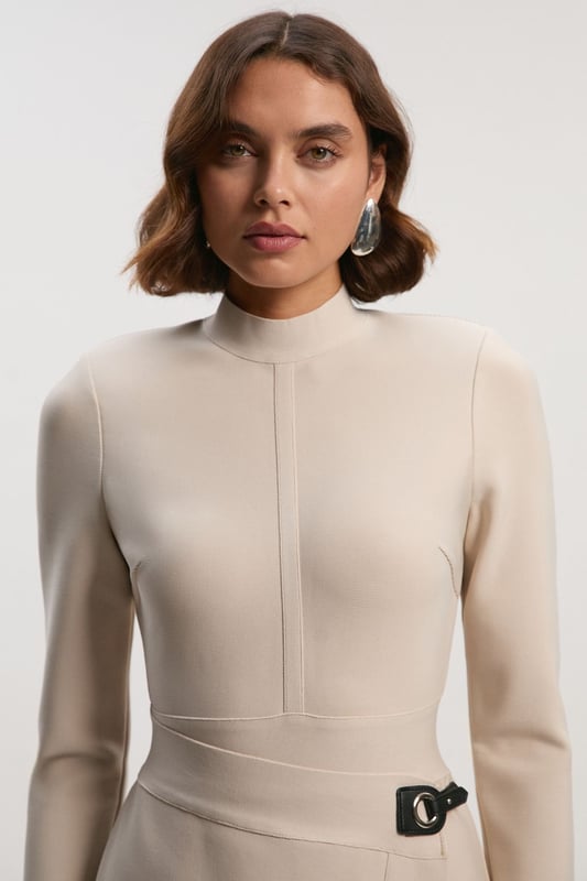 Figure Form Bandage Asymmetric Long Sleeve Knit Midi Dress
