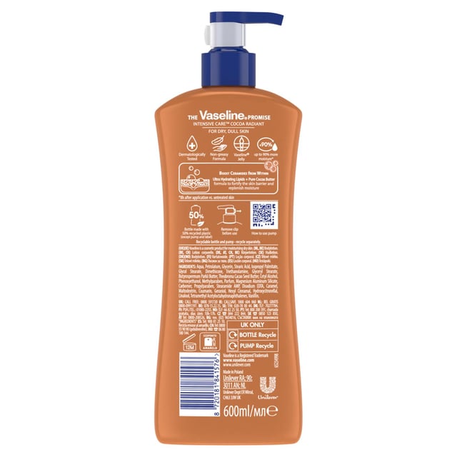 Vaseline Intensive Care Cocoa Radiant Body Lotion, 600ml for Dry Skin Care