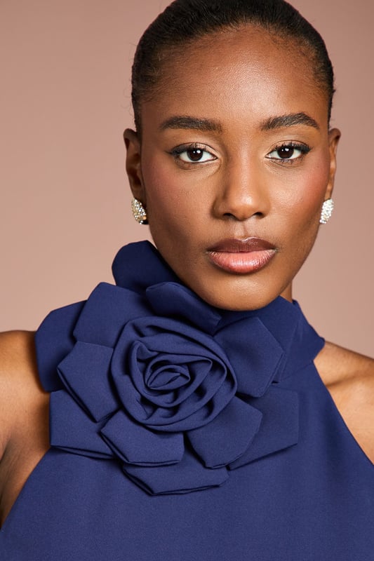 High Neck Corsage Detail Midi Dress