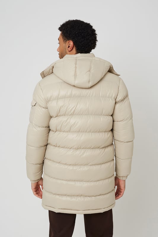 Stone Longline Hooded Padded Puffer Jacket