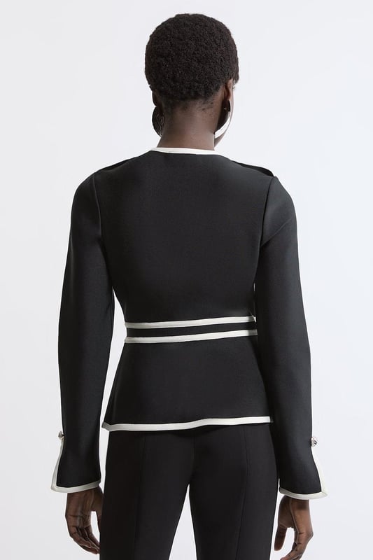 Figure Form Bandage Military Contrast Piping Knit Split Hem Jacket