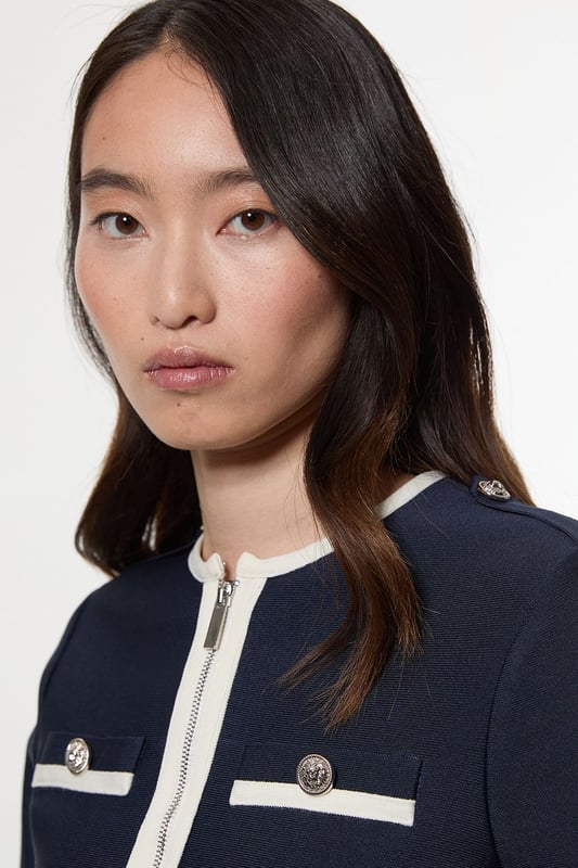 Figure Form Bandage Military Contrast Piping Knit Split Hem Jacket