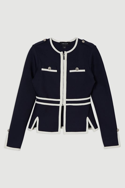 Figure Form Bandage Military Contrast Piping Knit Split Hem Jacket