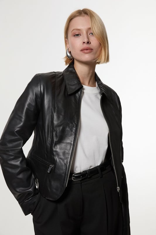 Leather Collared Zip Through Tailored Jacket