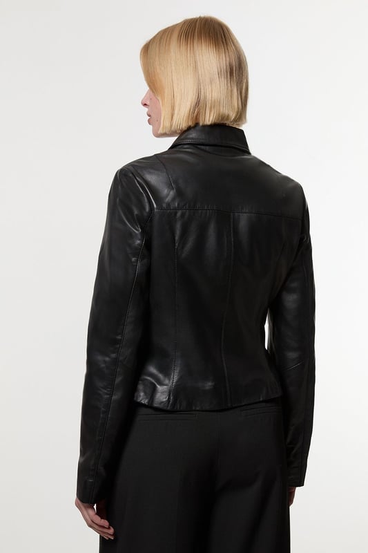 Leather Collared Zip Through Tailored Jacket