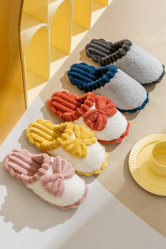 Plush Bow Slippers Cozy House Shoes