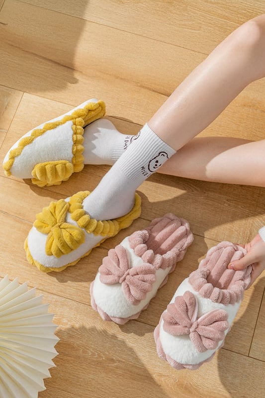 Plush Bow Slippers Cozy House Shoes