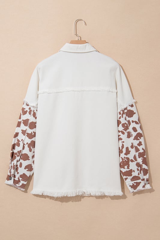 Cow Print Denim Jacket Frayed Hem
