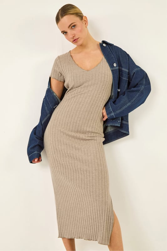 V-Neck Knit Midi Dress