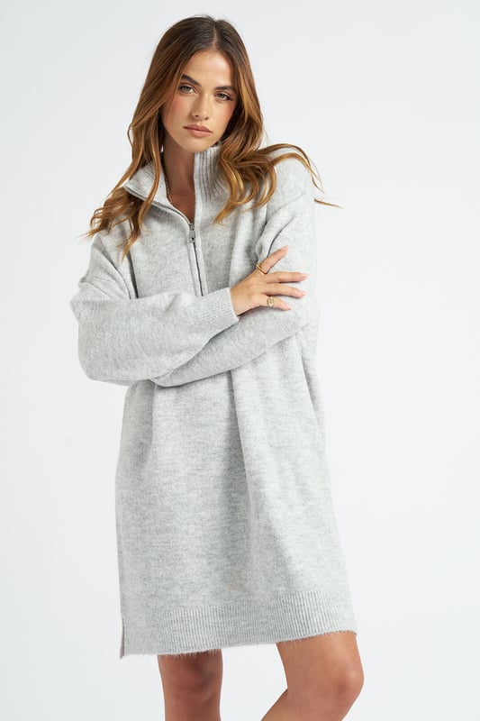 Grey Plain Oversized Half Zip Dress