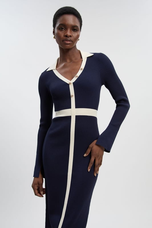 Knit Rib With Contrast Waist Detail Collared Midi Dress