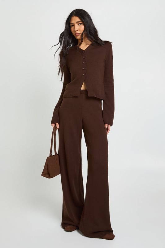 Tall Collar Detail Button Down Knitted Cardigan and Straight Leg ...
