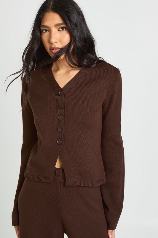 Tall Collar Detail Button Down Knitted Cardigan and Straight Leg ...