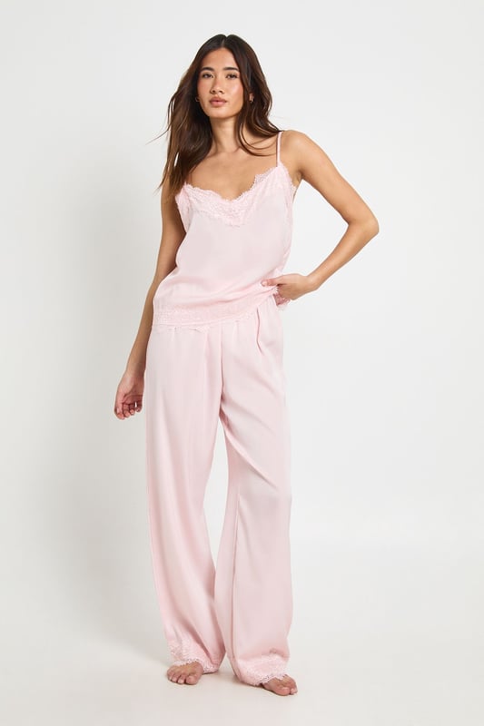 Eyelash Lace Trim Cami & Trouser Pyjama Set