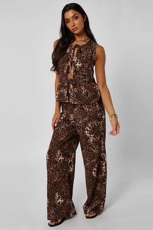 Leopard Linen-Look Tie Front Waistcoat