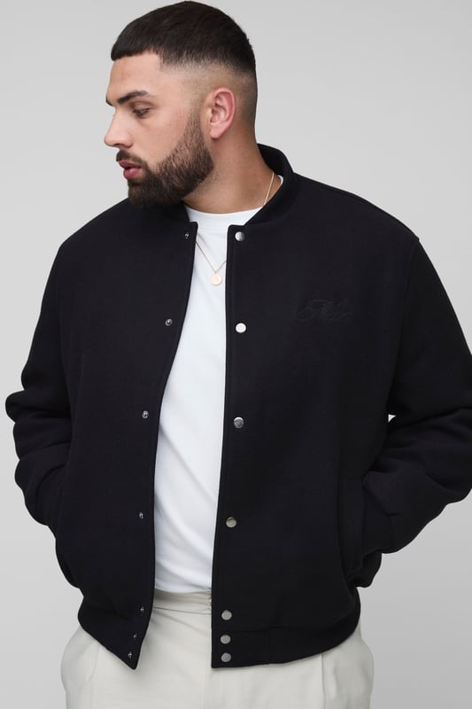 Plus Regular Fit Embroidered Melton Bomber Jacket