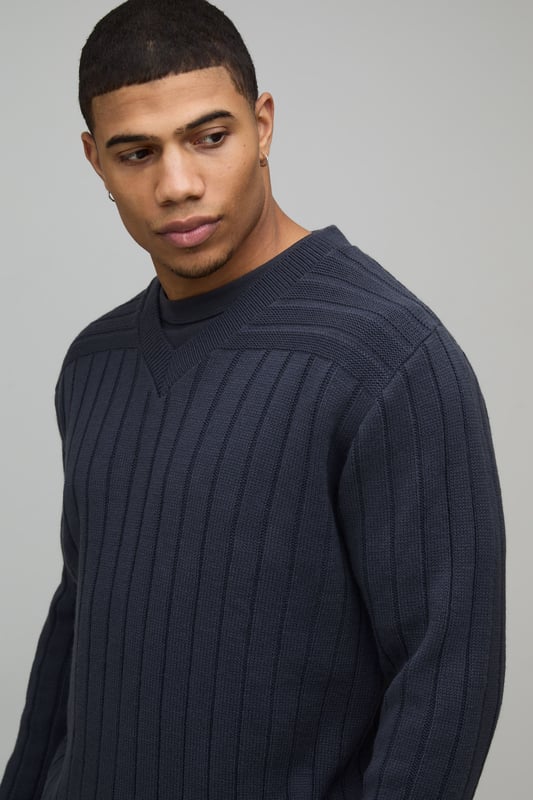 Regular Fit Ribbed V Neck Knitted Jumper
