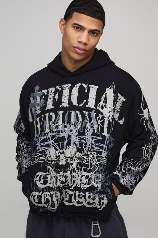 Oversized Boxy Hemless Loopback Graphic Hoodie