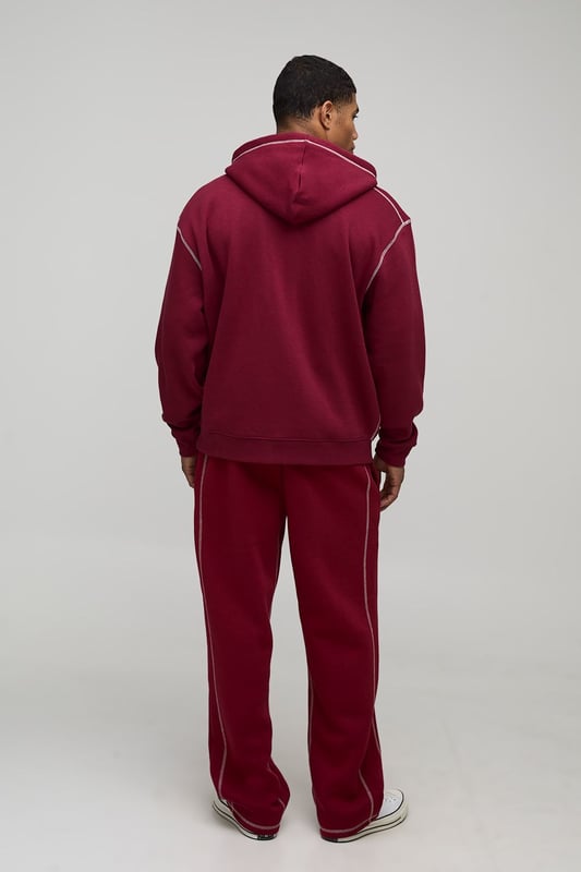 Oversized Contrast Stitch Zip Through Hoodie