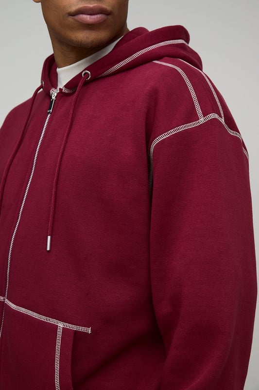 Oversized Contrast Stitch Zip Through Hoodie