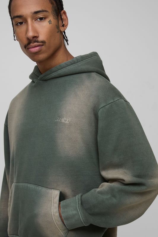 Oversized Boxy Spray Wash Man Sport Embroidered Hoodie