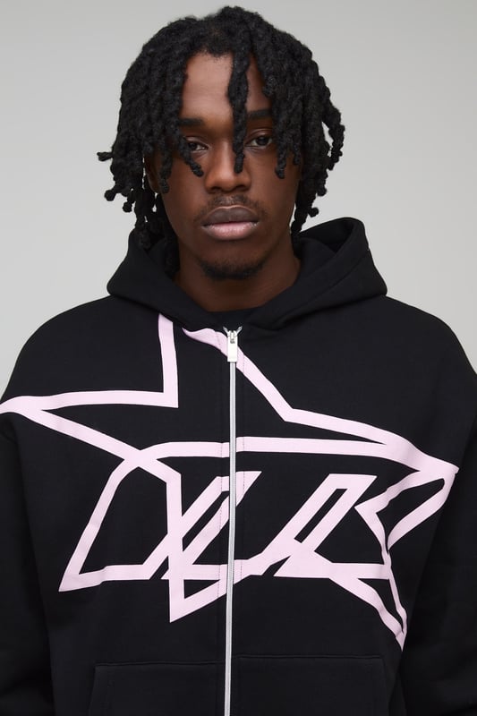 Tall Oversized Boxy Star Printed Zip Through Hoodie