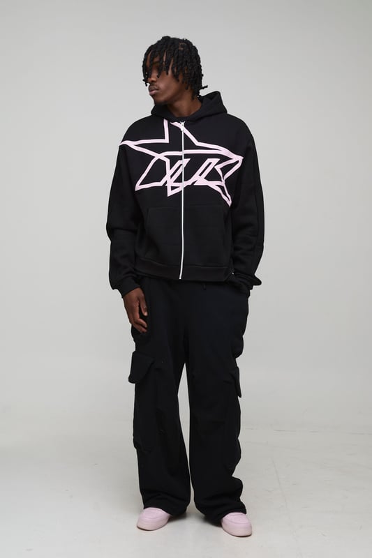 Tall Oversized Boxy Star Printed Zip Through Hoodie