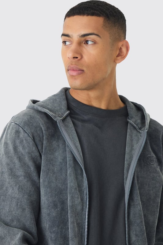Regular Fit Washed Rib Man Embroidered Zip Through Hoodie