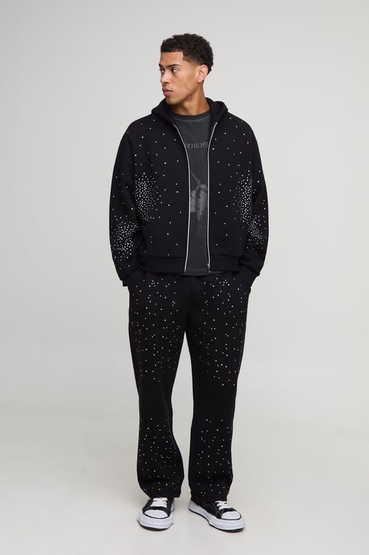 Oversized Boxy Rhinestone Zip Through Hoodie