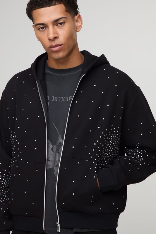 Oversized Boxy Rhinestone Zip Through Hoodie