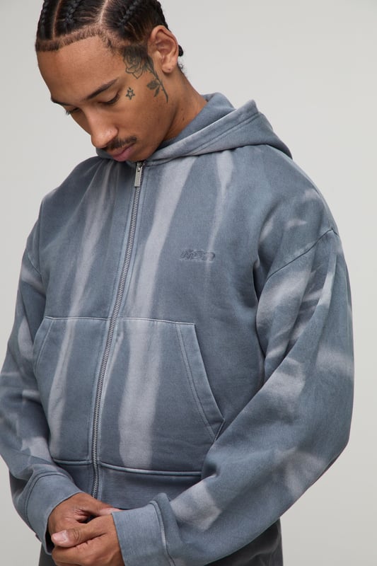 Shrunken Boxy Streak Wash Man Sport Embroidered Zip Through Hoodie