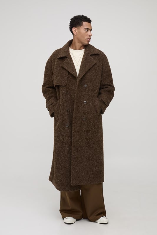 Oversized Fit Double Breasted Longline Boucle Overcoat