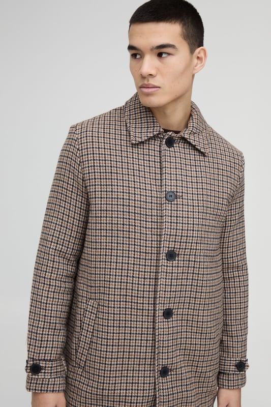 Check Collared Overcoat In Brown