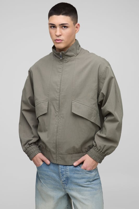 Oversized Boxy Pocket Detail Twill Funnel Neck Bomber Jacket