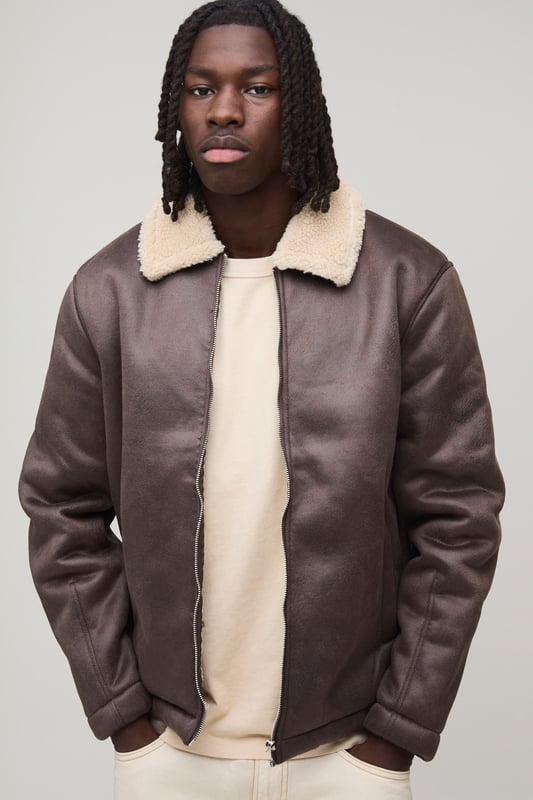 Faux Suede Aviator Jacket In Brown