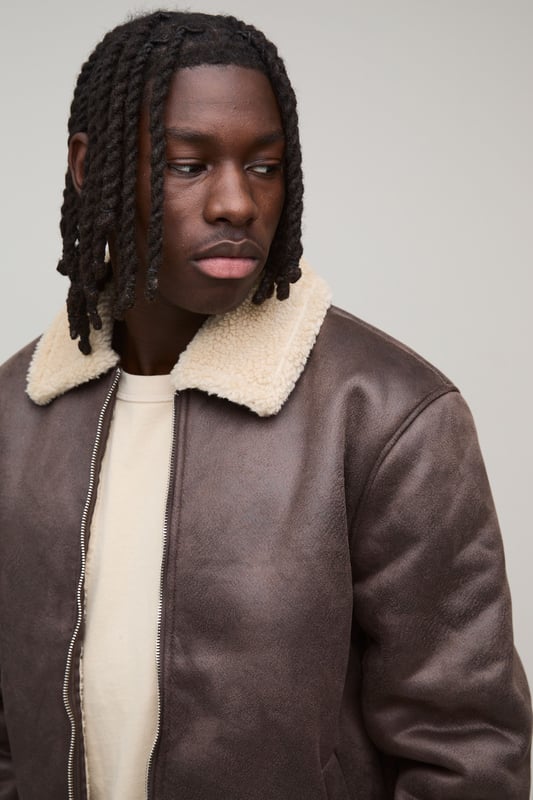 Faux Suede Aviator Jacket In Brown