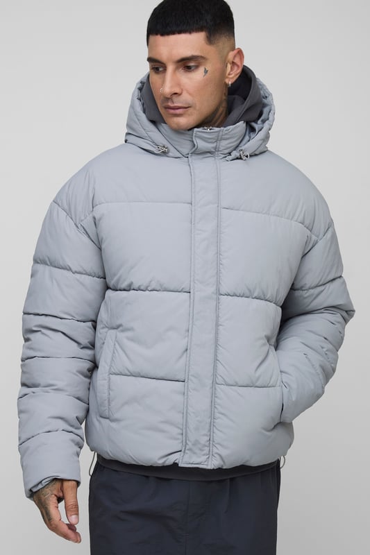 Tall Boxy Crinkle Nylon Puffer In Light Grey