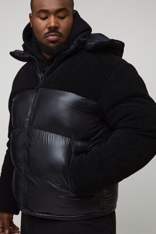 Plus Borg and High Shine Regular Fit Hooded Puffer in Black