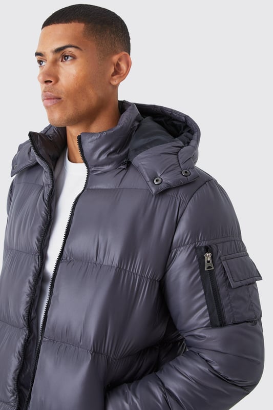 High Shine Hooded Puffer in Grey