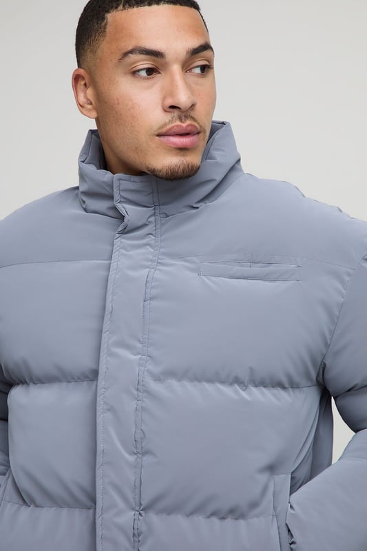 Boxy Fit Rubberised PU Funnel Neck Puffer Jacket