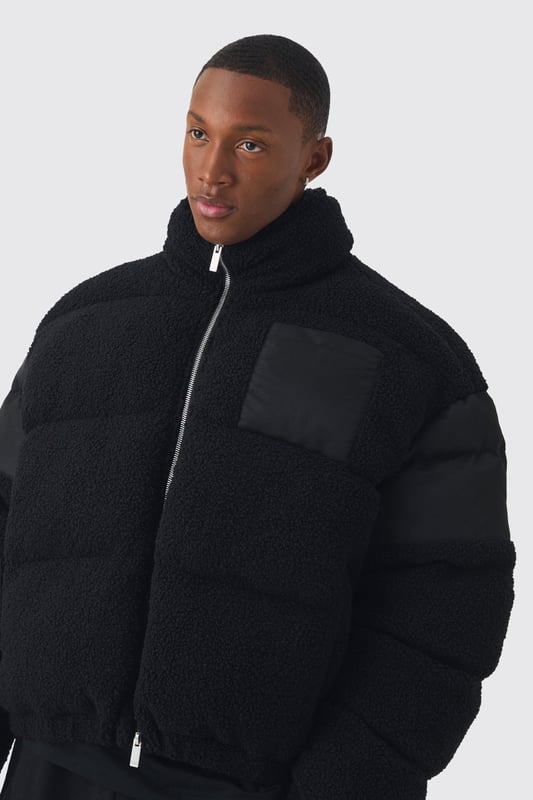 Borg & Nylon Funnel Neck Puffer In Black